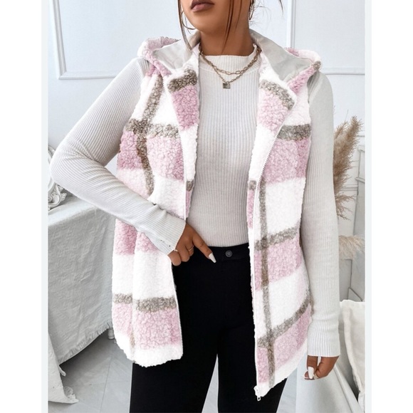 SHEIN | Jackets & Coats | Shein Plus Cream Pinkpurple Plaid Pattern ...